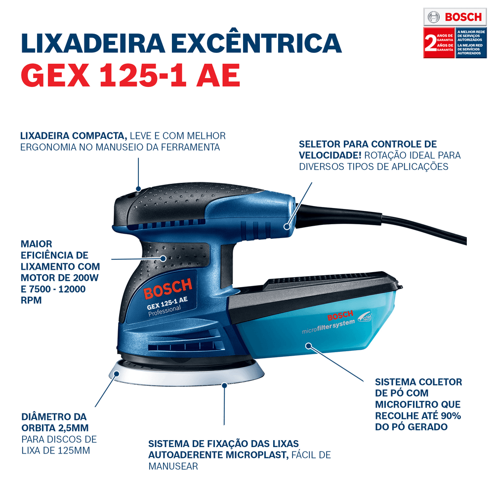 Lixadeira Orbital Bosch GEX 125-1 AE 250W com Coletor de pó - Diafer